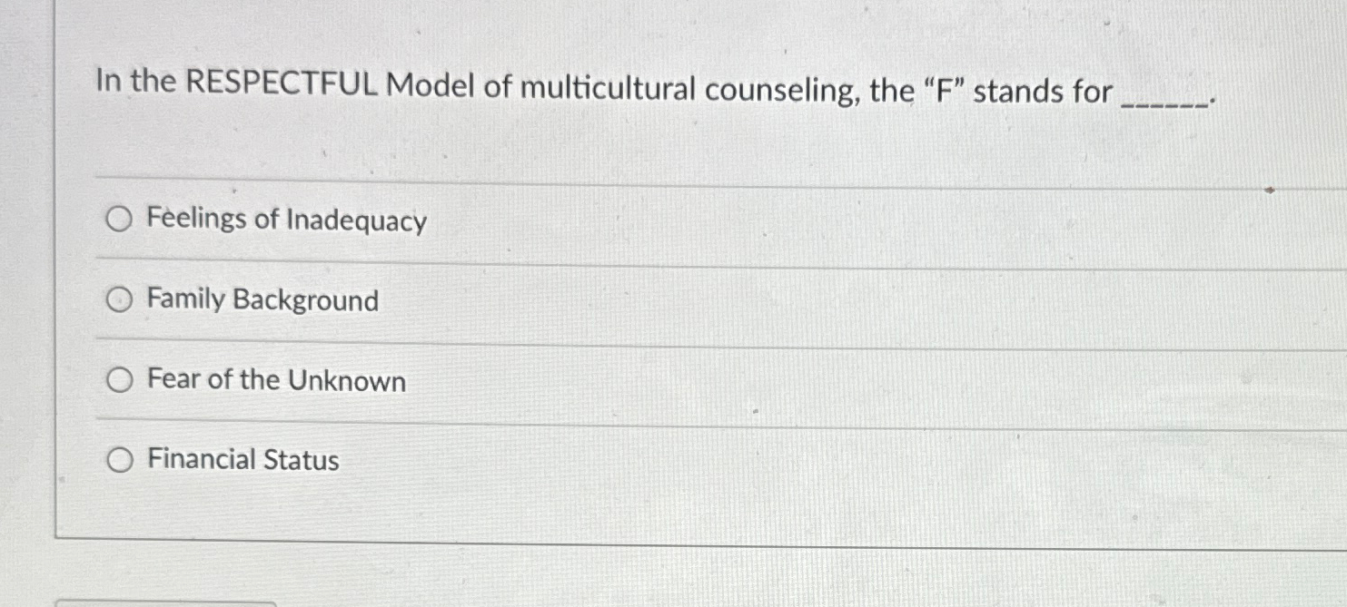 Solved In the RESPECTFUL Model of multicultural counseling, | Chegg.com