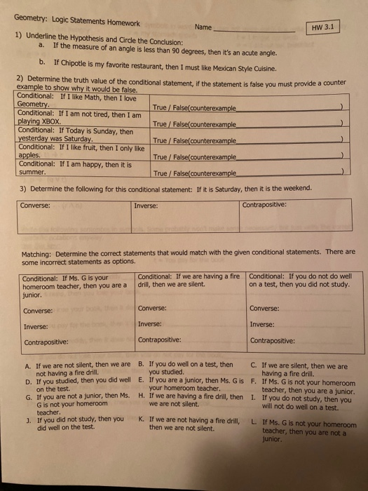 Solved HW 3.1 Geometry: Logic Statements Homework Name 1) | Chegg.com