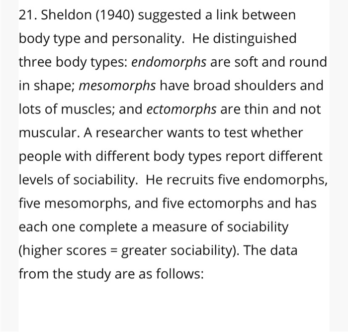 Solved 21. Sheldon (1940) suggested a link between body type | Chegg.com
