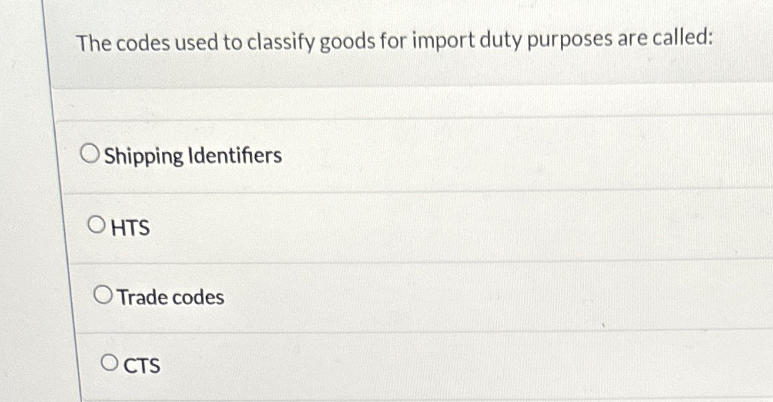 Solved The codes used to classify goods for import duty | Chegg.com