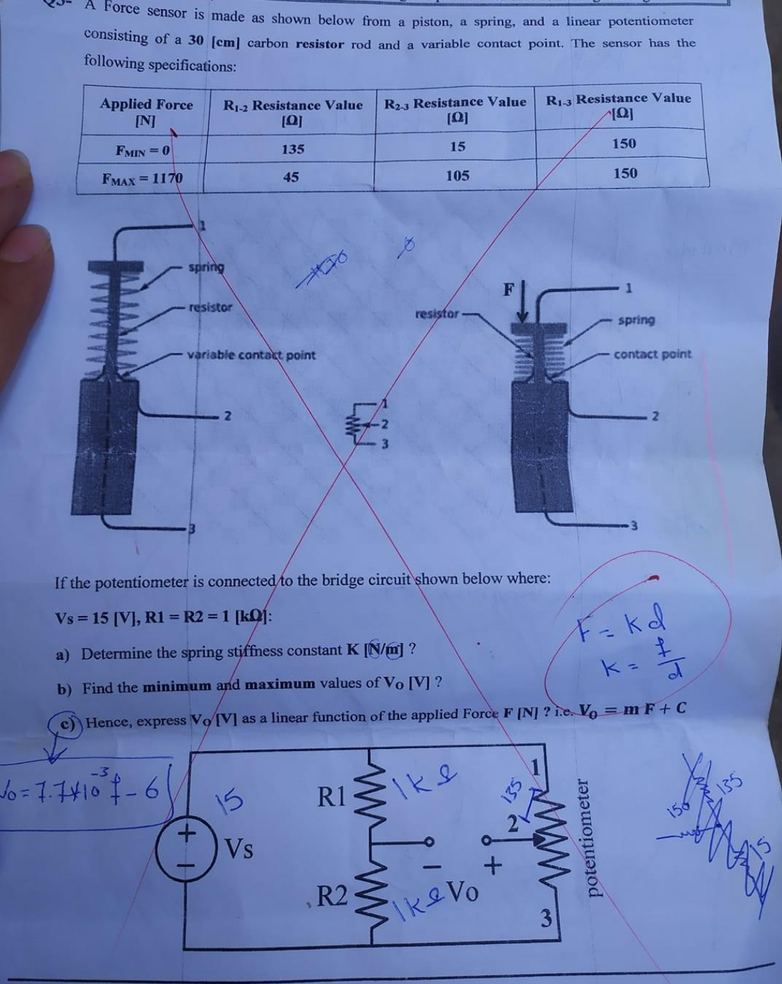 Solved A Force sensor is made as shown below from a piston, | Chegg.com