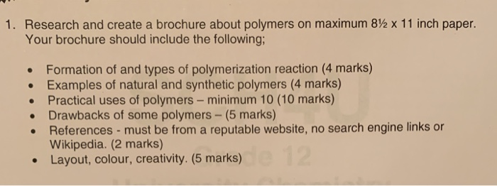 Solved 1. Research and create a brochure about polymers on | Chegg.com