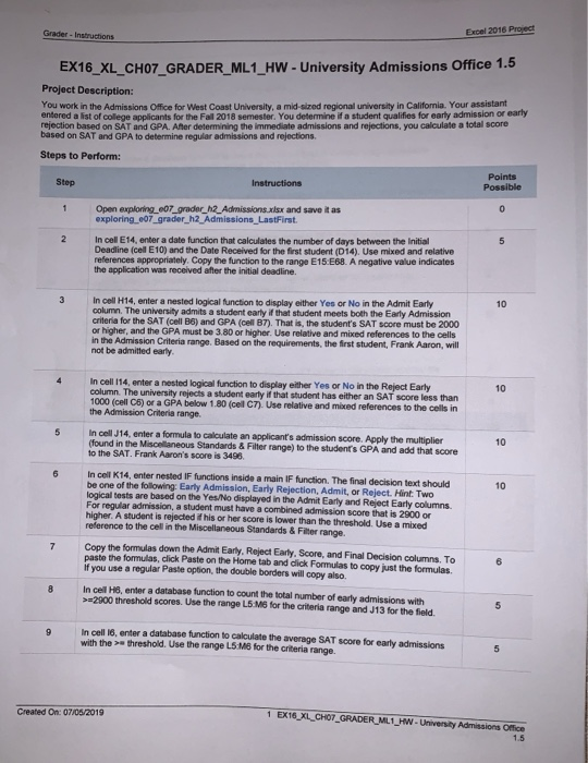Grader - Instructions Excel 2016 Project | Chegg.com