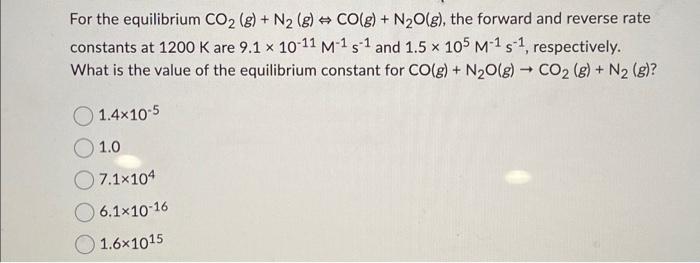 Solved For the equilibrium CO2(g)+N2(g)⇔CO(g)+N2O(g), the | Chegg.com