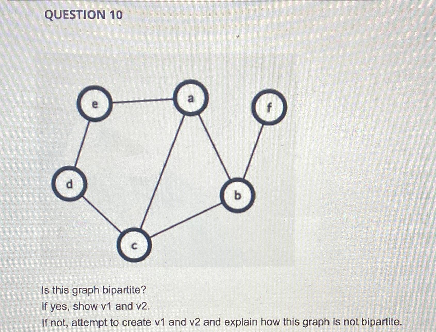 Solved QUESTION 10Is this graph bipartite?If yes, show v1 | Chegg.com