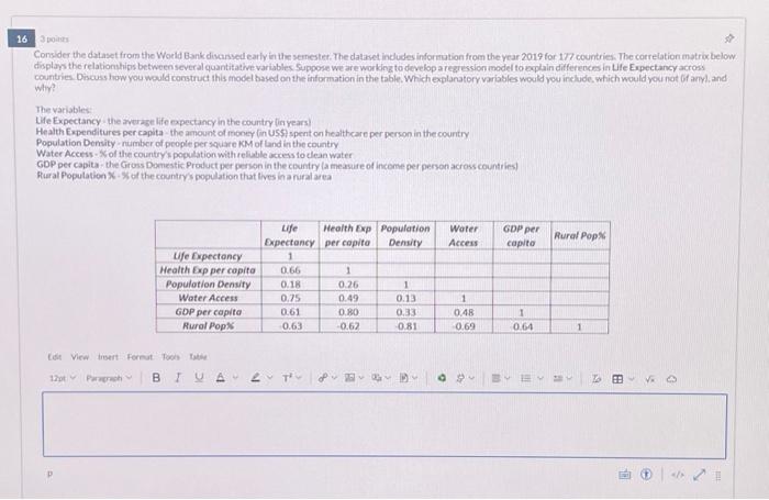 Solved 16 apoints Consider the dataset from the World Bank | Chegg.com