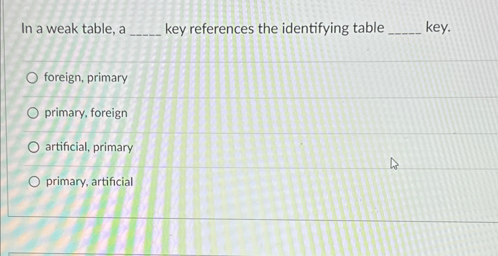 Solved In a weak table, a key references the identifying | Chegg.com