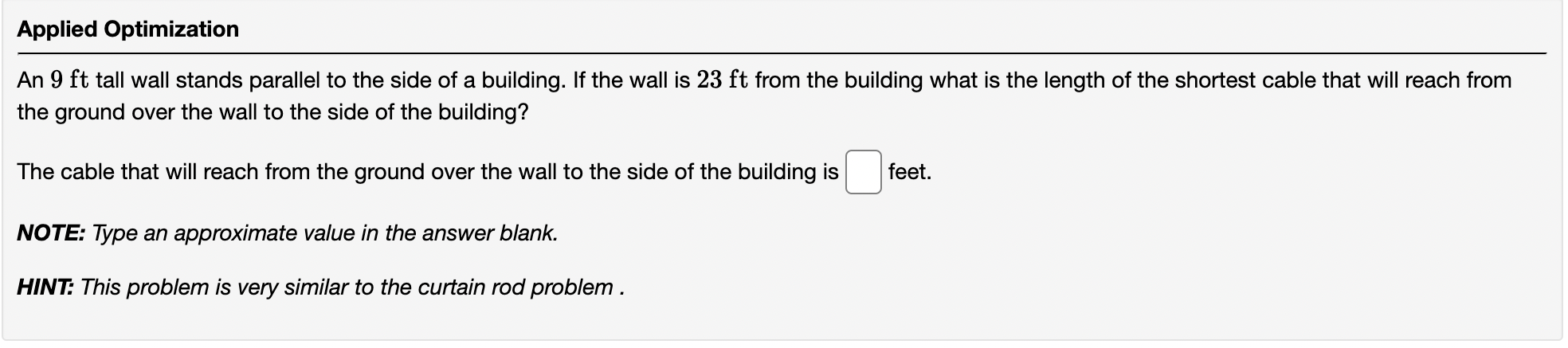 Solved Applied OptimizationAn 9ft ﻿tall wall stands parallel | Chegg.com