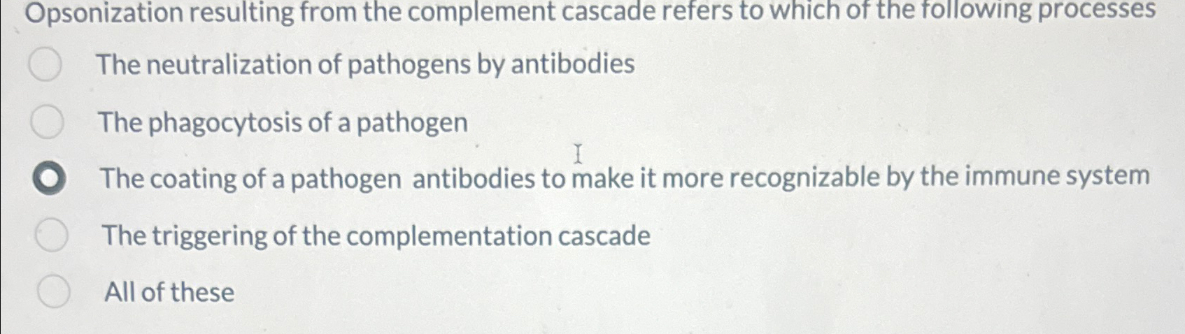 Solved Opsonization resulting from the complement cascade | Chegg.com