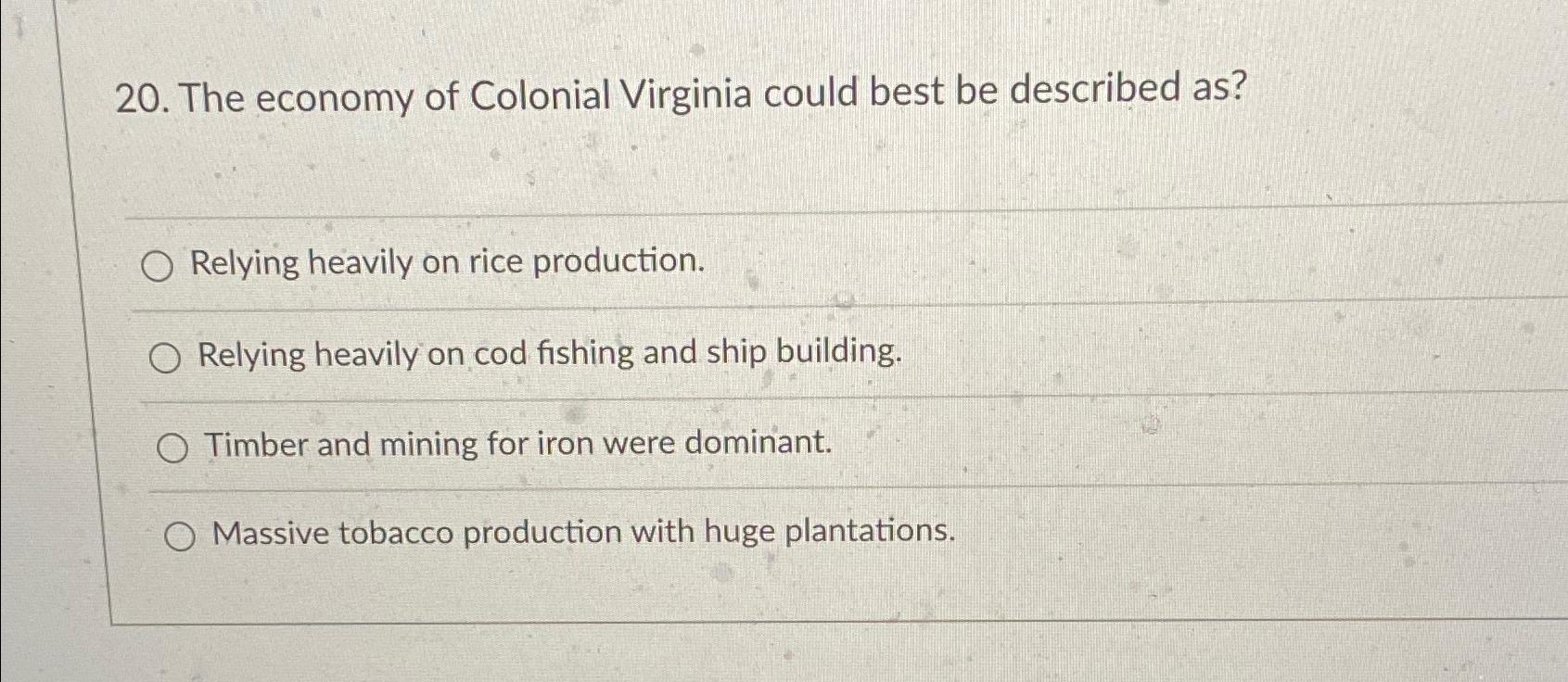 Solved The economy of Colonial Virginia could best be | Chegg.com
