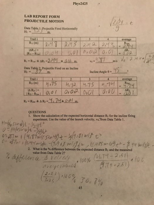 Solved Phys2425 LAB REPORT FORM PROJECTILE MOTION 2 Ayat | Chegg.com
