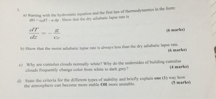 Solved 1. a) Starting with the hydrostatic equation and the | Chegg.com