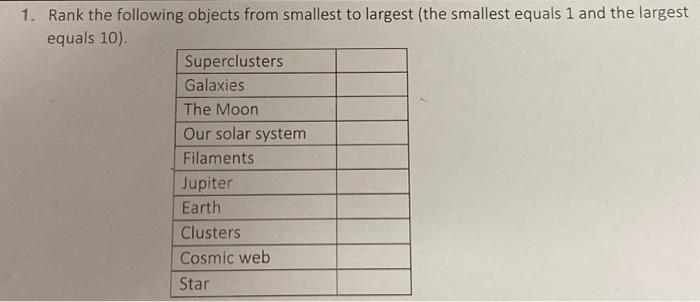 Solved 1. Rank the following objects from smallest to | Chegg.com