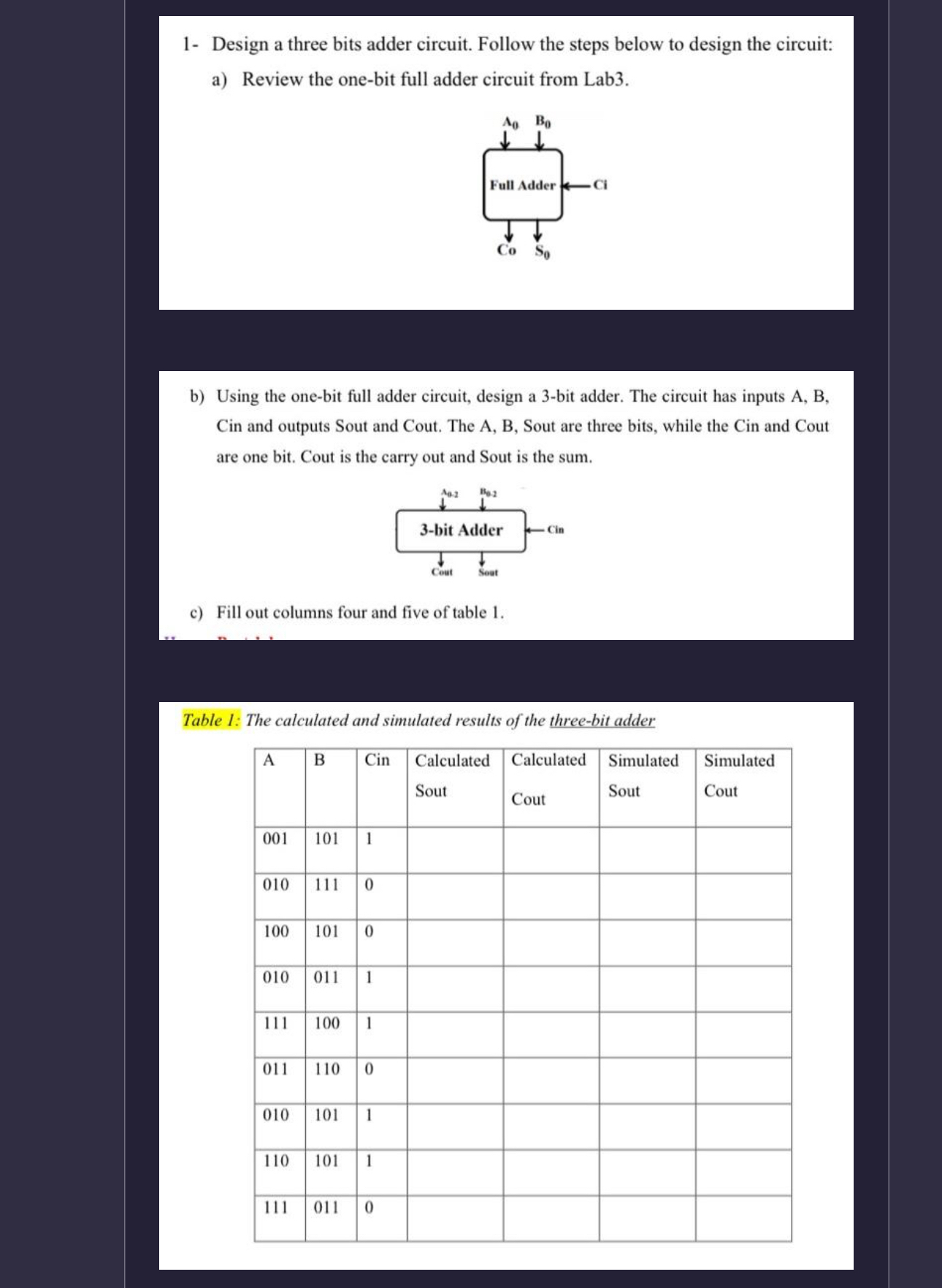 Solved 1- ﻿Design a three bits adder circuit. Follow the | Chegg.com