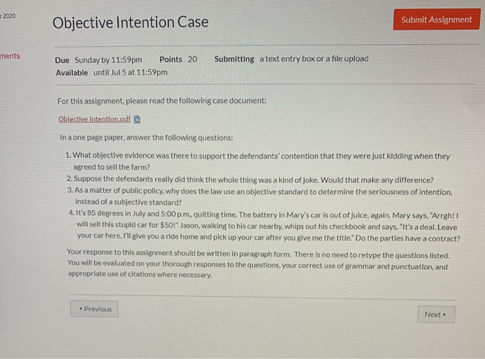 Solved 2020 Objective Intention Case Submit Assignment ments | Chegg.com