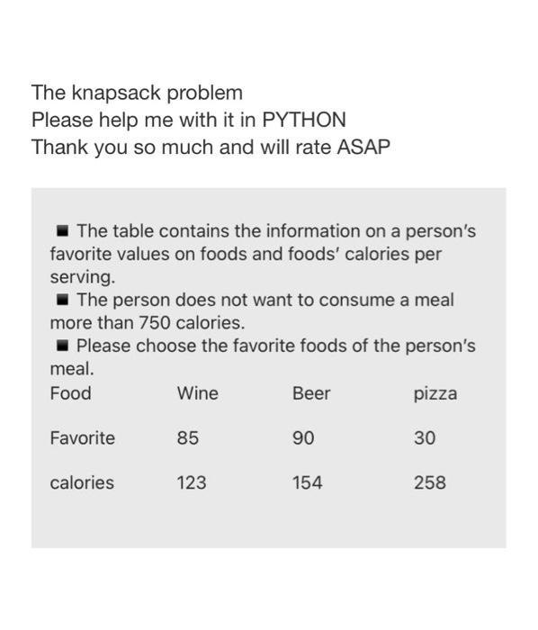 Solved The knapsack problem Please help me with it in PYTHON | Chegg.com