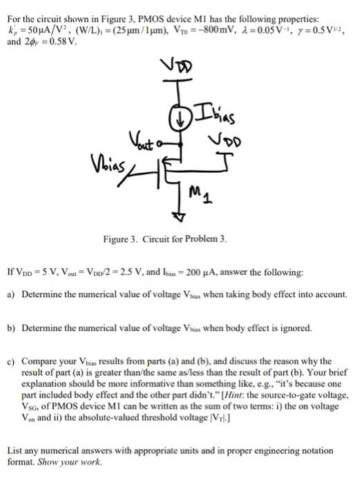 Solved For the circuit shown in Figure 3, PMOS device M1 has | Chegg.com