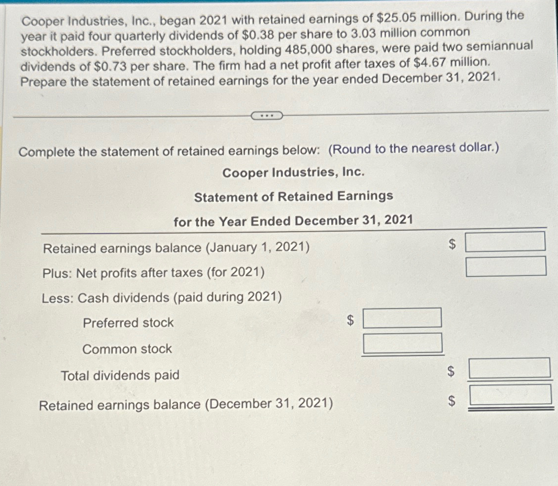 Solved Cooper Industries, Inc., began 2021 ﻿with retained | Chegg.com