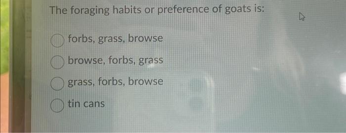 Solved The foraging habits or preference of goats is: forbs, | Chegg.com