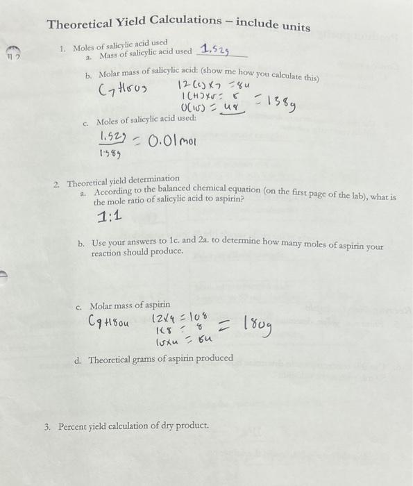 Solved 11 2 Theoretical Yield Calculations include units | Chegg.com