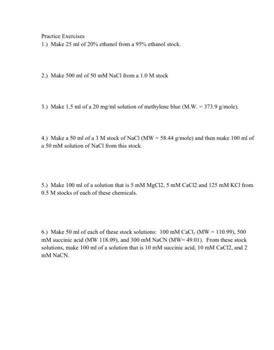 Solved Practice Exercises 1.) Make 25 ml of 20% ethanol from | Chegg.com