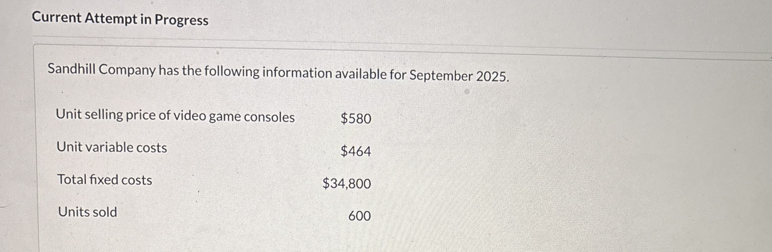 Solved Current Attempt in ProgressSandhill Company has the | Chegg.com