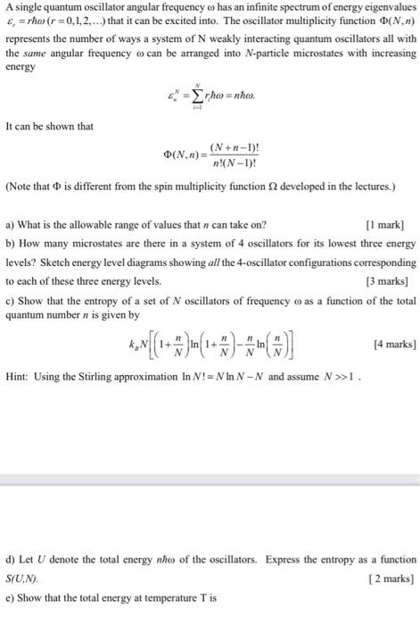 Solved A single quantum oscillator angular frequency o has | Chegg.com
