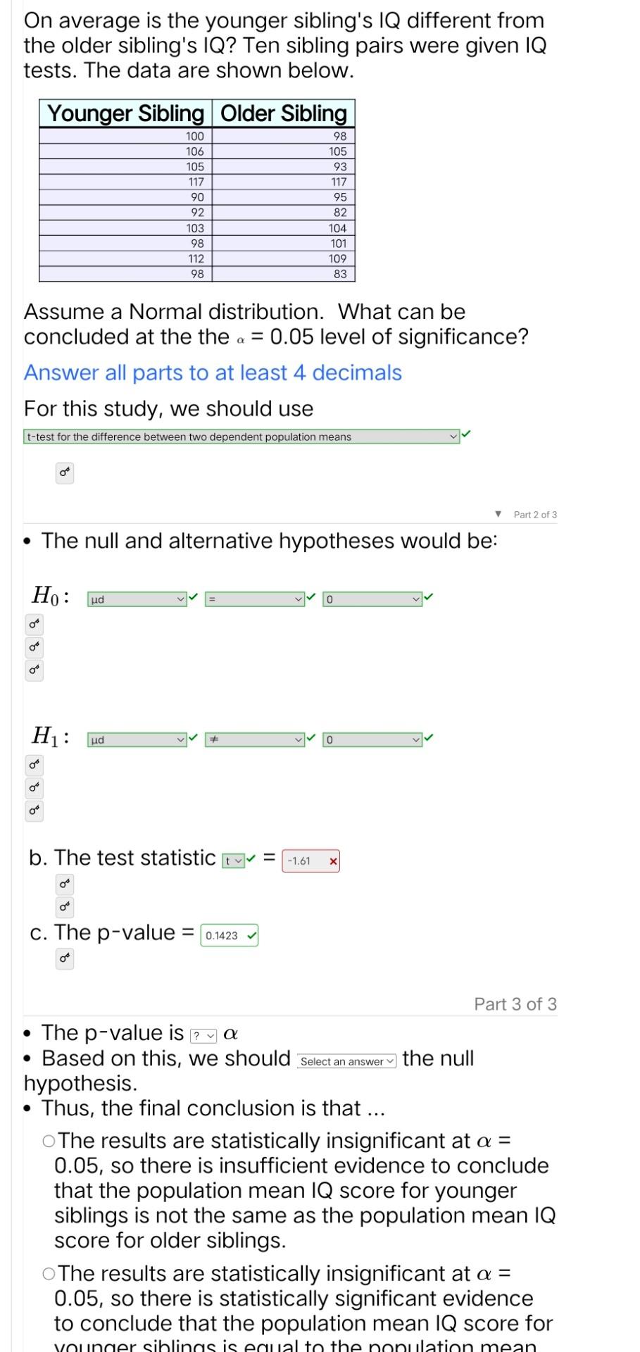 Solved On average is the younger sibling's IQ different from | Chegg.com