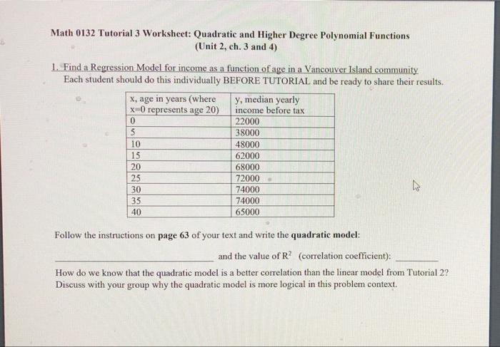 Solved Math 0132 Tutorial 3 Worksheet: Quadratic and Higher | Chegg.com