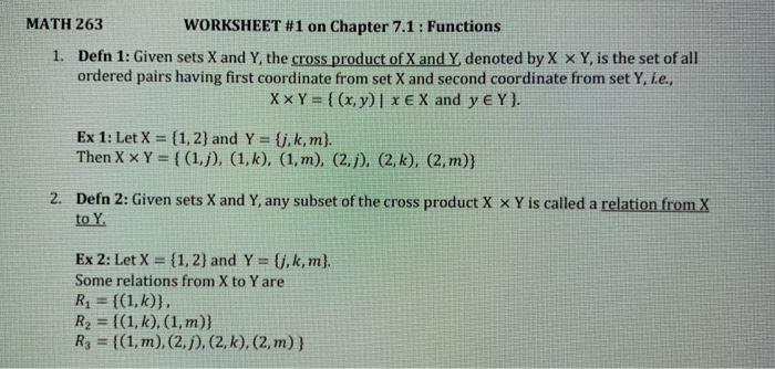 MATH 263 WORKSHEET #1 on Chapter 7.1: Functions 1. | Chegg.com