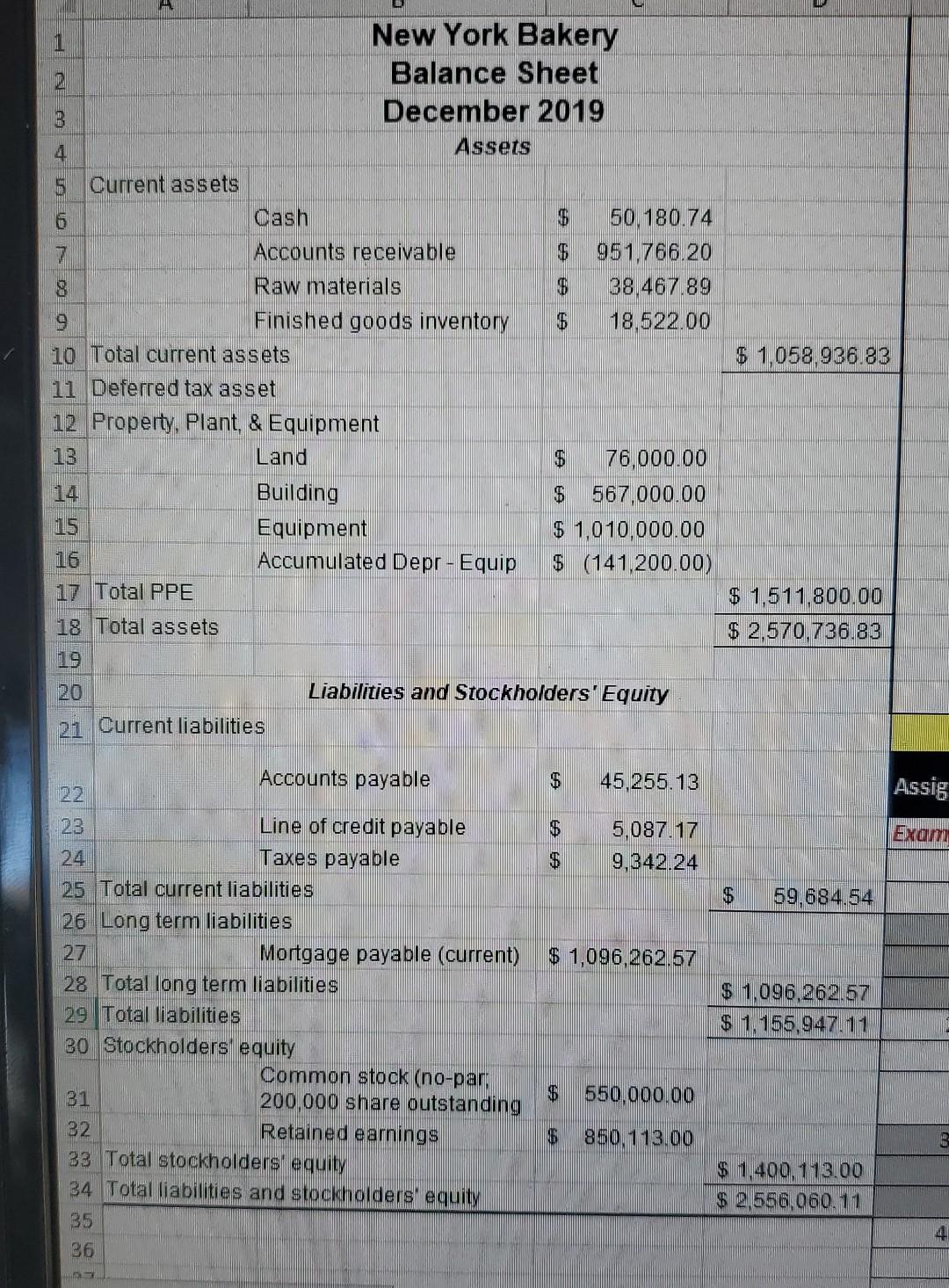 Solved 1 New York Bakery Balance Sheet B December 2019 4 | Chegg.com
