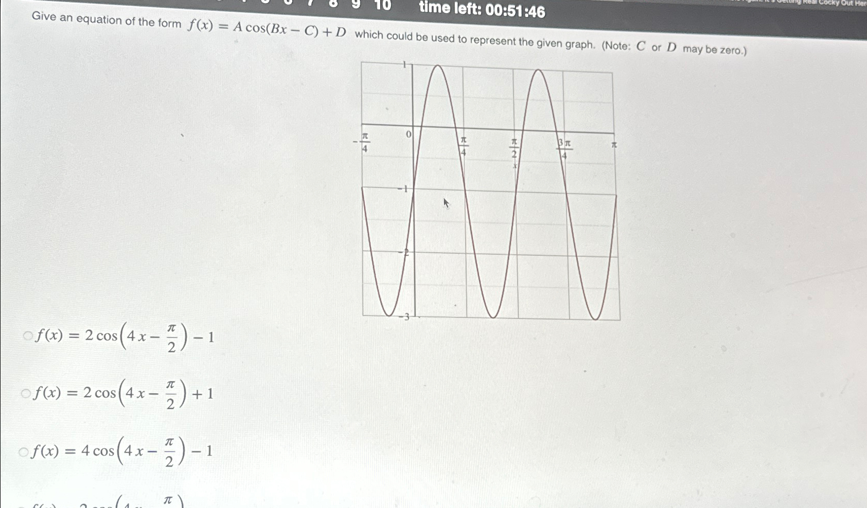 Solved Give an equation of the form f(x)=Acos(Bx-C)+D ﻿which | Chegg.com