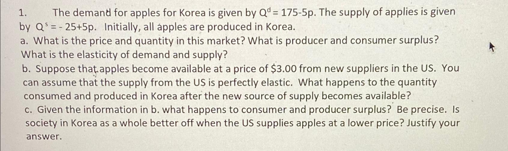Solved The demand for apples for Korea is given by | Chegg.com