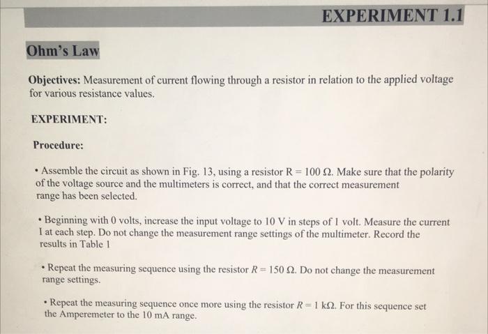 Solved EXPERIMENT 1.1 Ohm's Law Objectives: Measurement of | Chegg.com