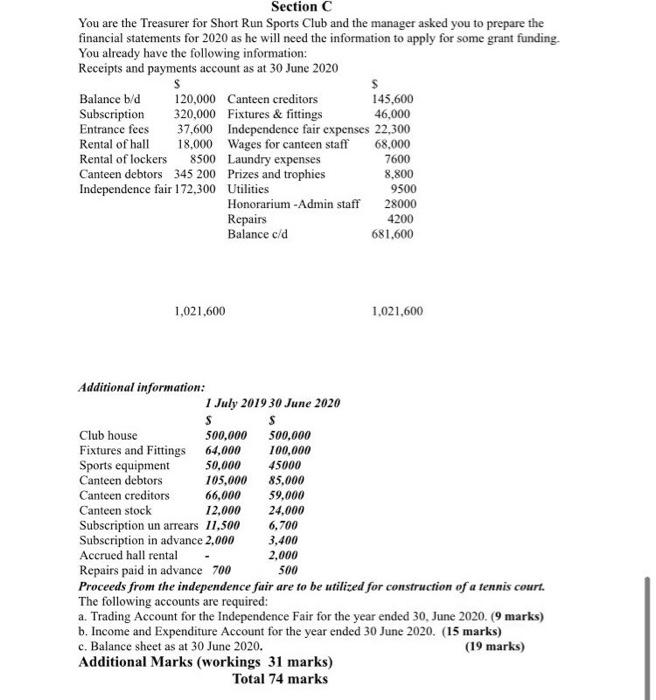 Solved Section C You are the Treasurer for Short Run Sports | Chegg.com