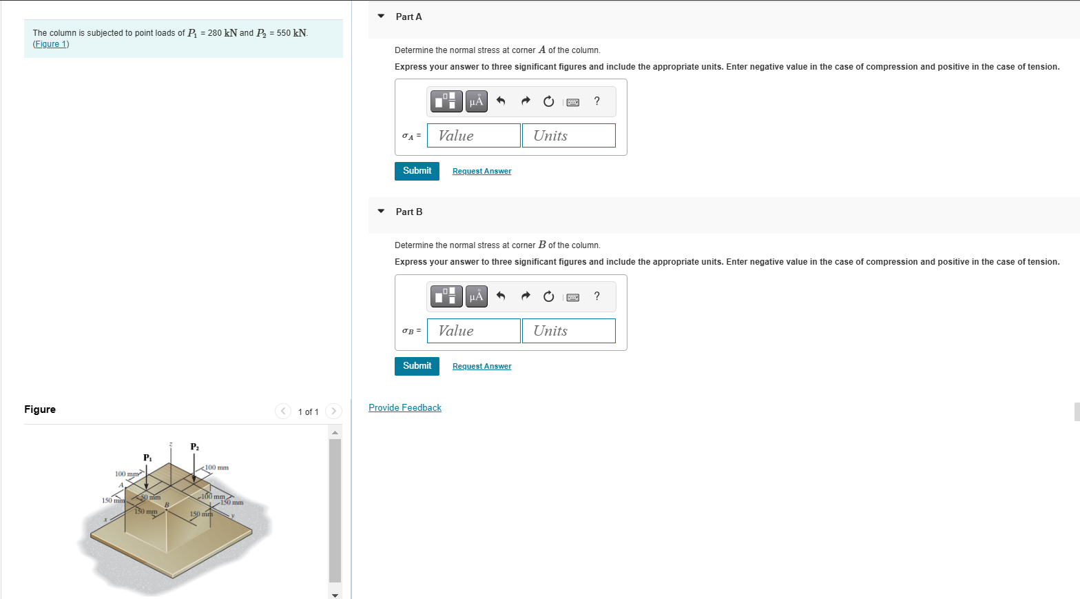 Solved The column is ﻿subjected to ﻿point loads of P1=280kN | Chegg.com