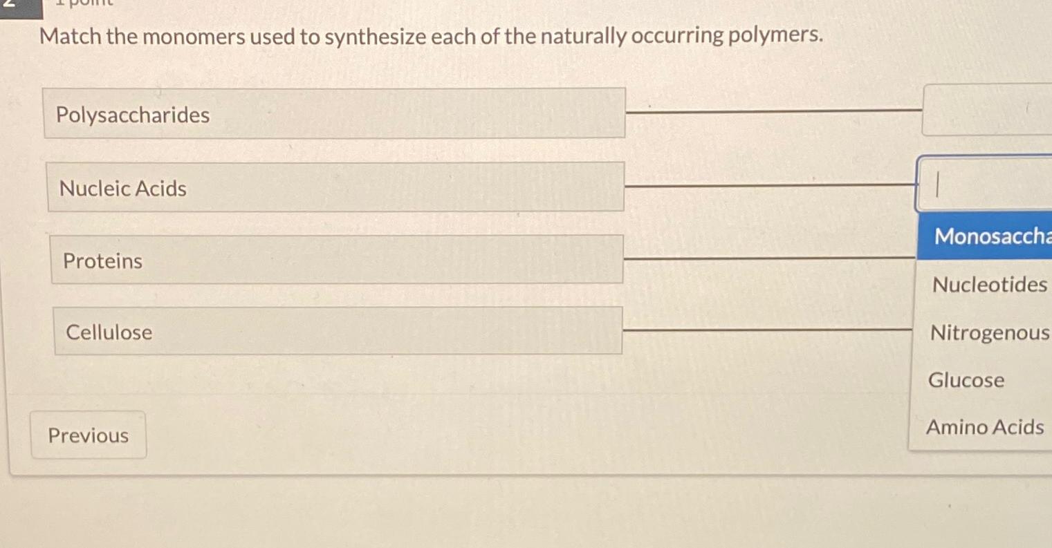 Solved Match the monomers used to synthesize each of the | Chegg.com