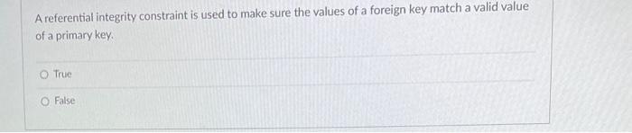 Solved A referential integrity constraint is used to make | Chegg.com
