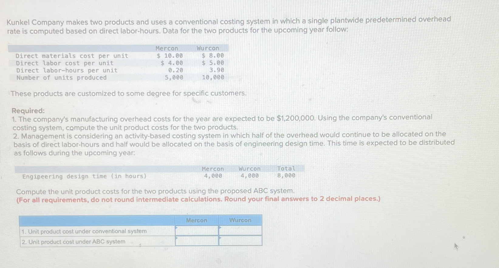 Solved Kunkel Company makes two products and uses a | Chegg.com