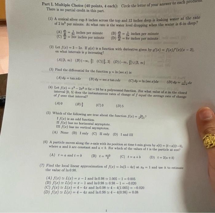 Part I. Multiple Choice ( 40 points, 4 each): Circle | Chegg.com