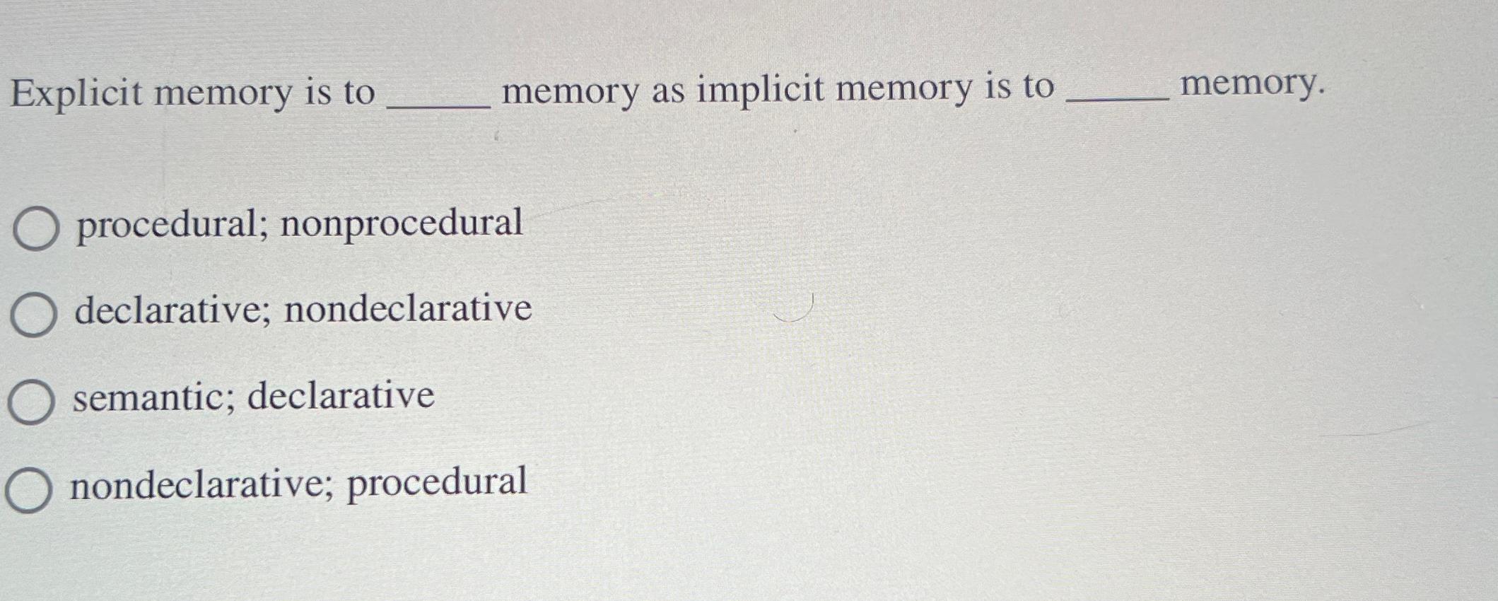 Solved Explicit Memory Is To Memory As Implicit Memory Is To
