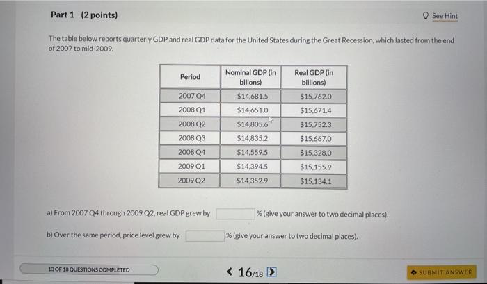 Solved Part 1 (2 points) See Hint The table below reports | Chegg.com