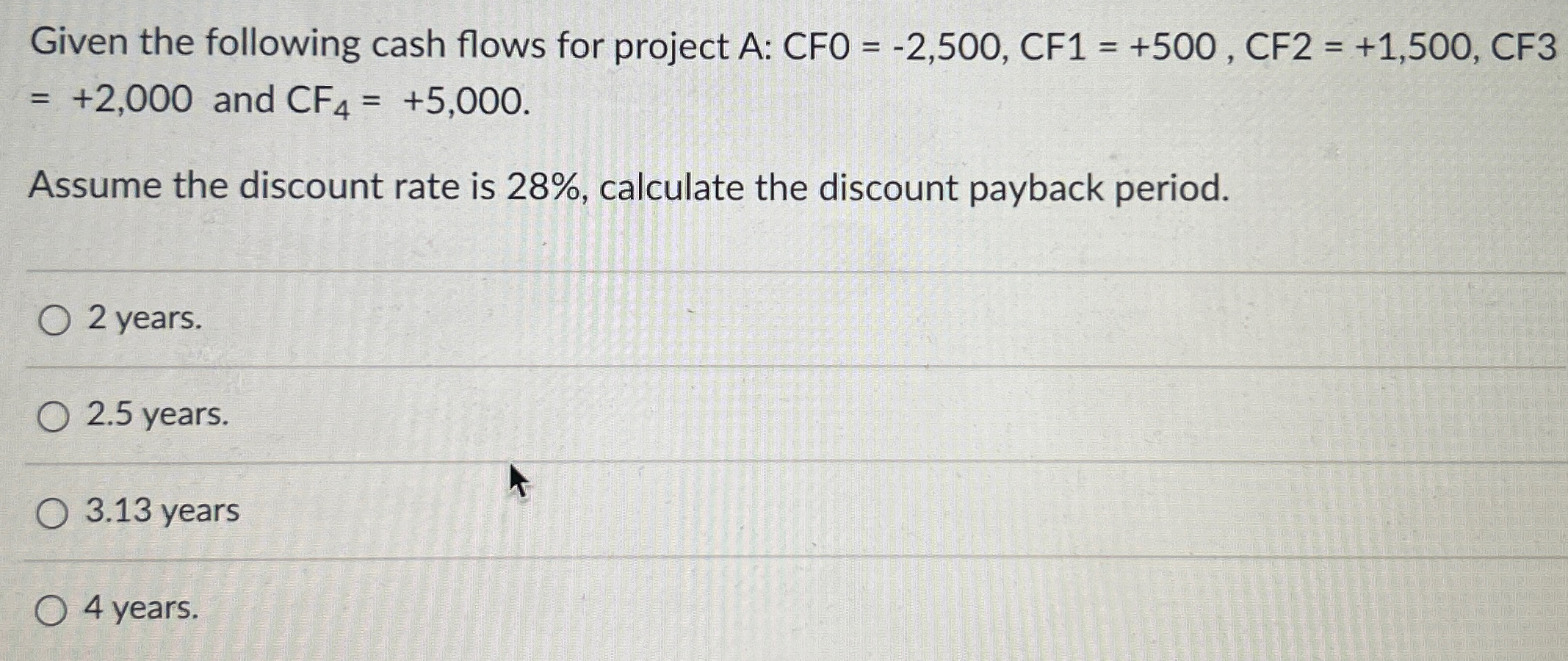 Solved Given the following cash flows for project A: | Chegg.com