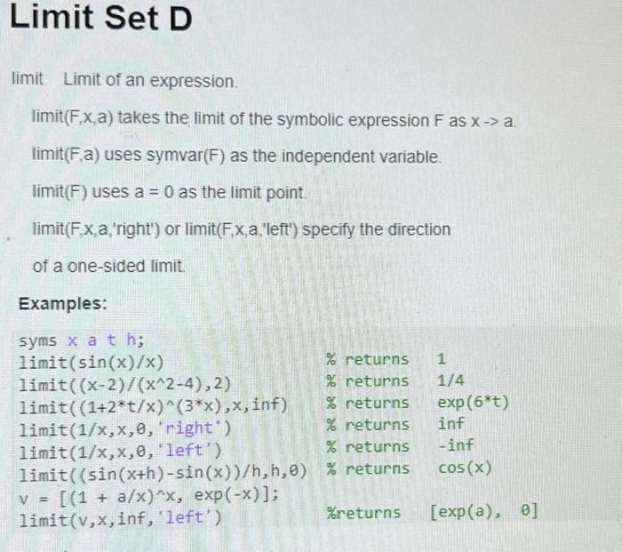 Solved limit Limit of an expression. limit (F,x,a) takes the | Chegg.com