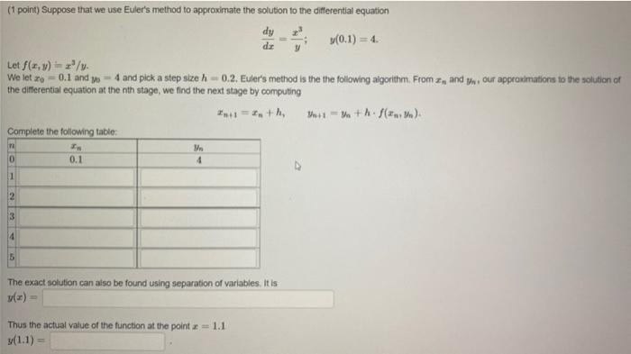 Solved (1 point) Suppose that we use Euler's method to | Chegg.com