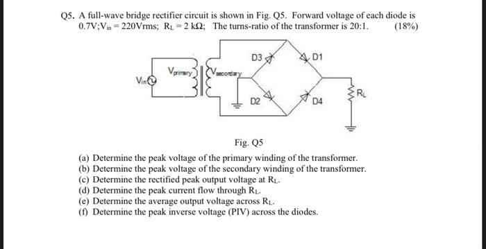 Solved Q5. A full-wave bridge rectifier circuit is shown in | Chegg.com