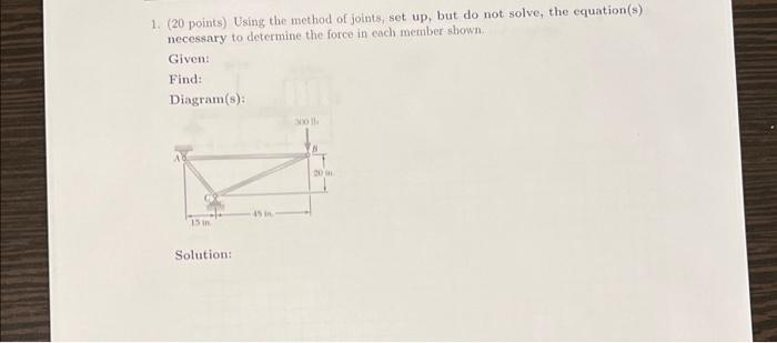 Solved 1. (20 points) Using the method of joints, set up, | Chegg.com