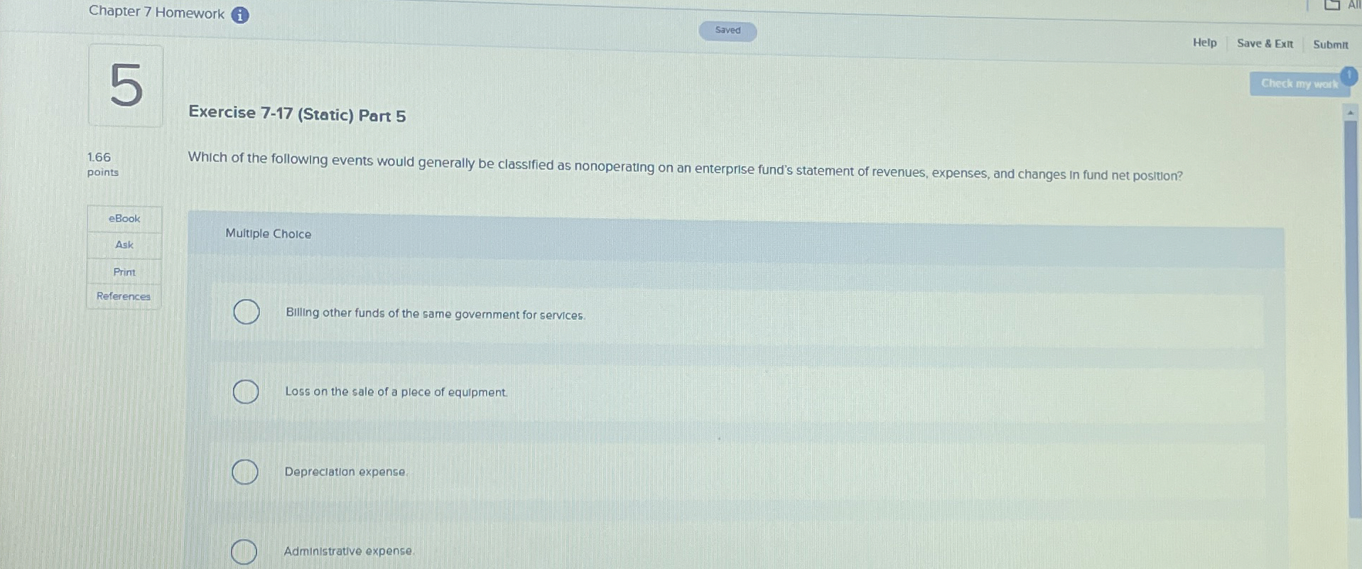 Solved Exercise 7-17 (Static) ﻿Part 5Which of the following | Chegg.com