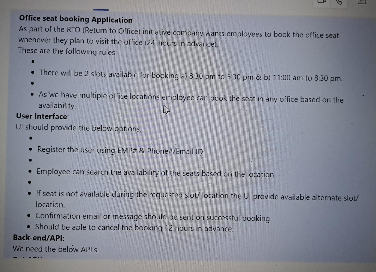 Office seat booking Application As part of the RTO | Chegg.com