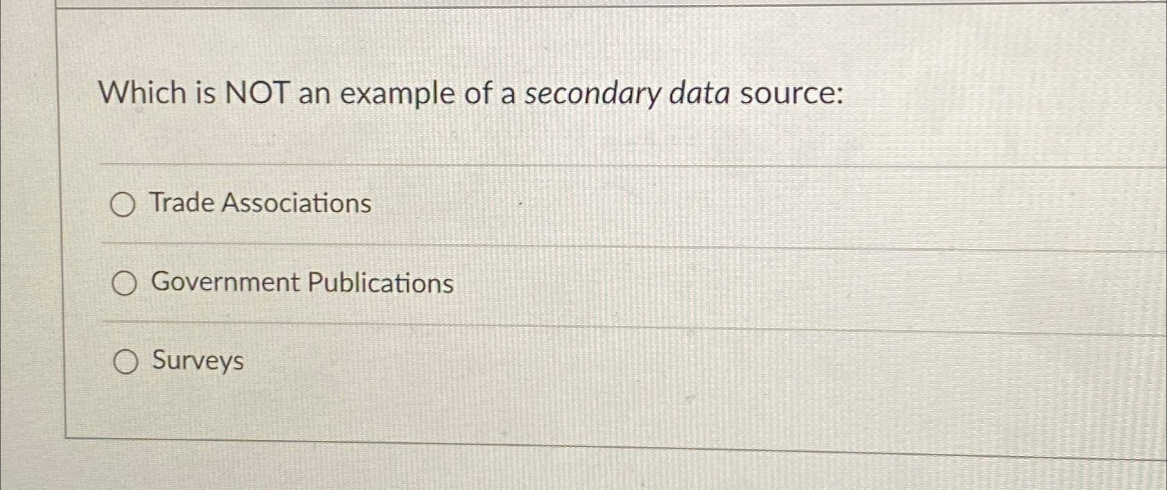 Solved Which is NOT an example of a secondary data | Chegg.com
